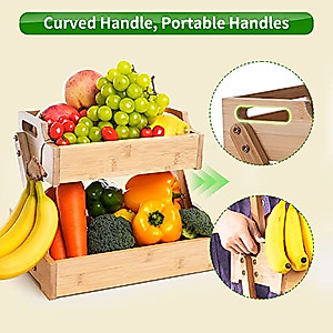 ETECHMART Bamboo Fruit Basket, 2 Tiers Fruit Bowl For Kitchen Counter, Large Capacity Detachable Vegetable Bread Storage Basket Banana Holder Stand