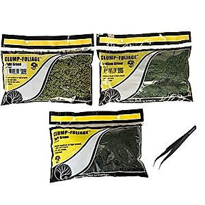 Woodland Scenics Clump Foliage, Light Green, Medium Green, and Dark Green, with Make Your Day Curved Tweezers