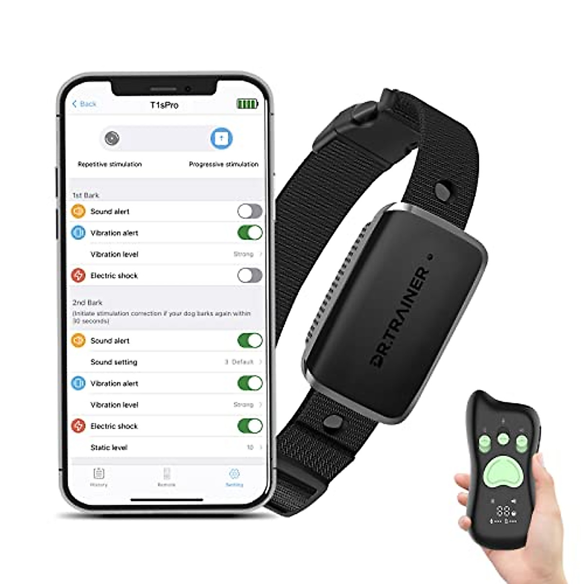 Dr.Trainer Automatic Bark Collar with Remote Control up to 2300ft, Electronic Dog Training Collar, Waterproof Dog Shock Collar for Dog with Custom Sound, APP Setting & Barking Record
