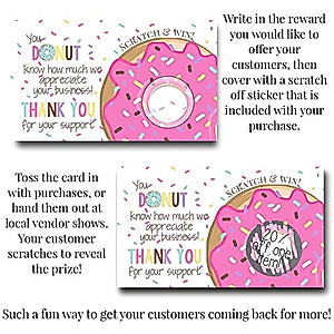Donut Themed Scratch & Win Customer Appreciation Package Inserts for Small Businesses, 20 2" X 3.5” Single Sided Insert Cards with Scratch Off Stickers included by AmandaCreation