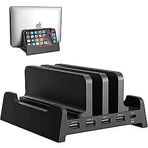 Vertical Laptop Stand with USB Hub, Plastic Dual-Slot Laptop Holder Adjustable Dock Size, Laptop Docking Station with 1 USB-C and 4 USB-A Ports, for All MacBook/Surface/HP/Dell/iPad Up to 17.3 inches