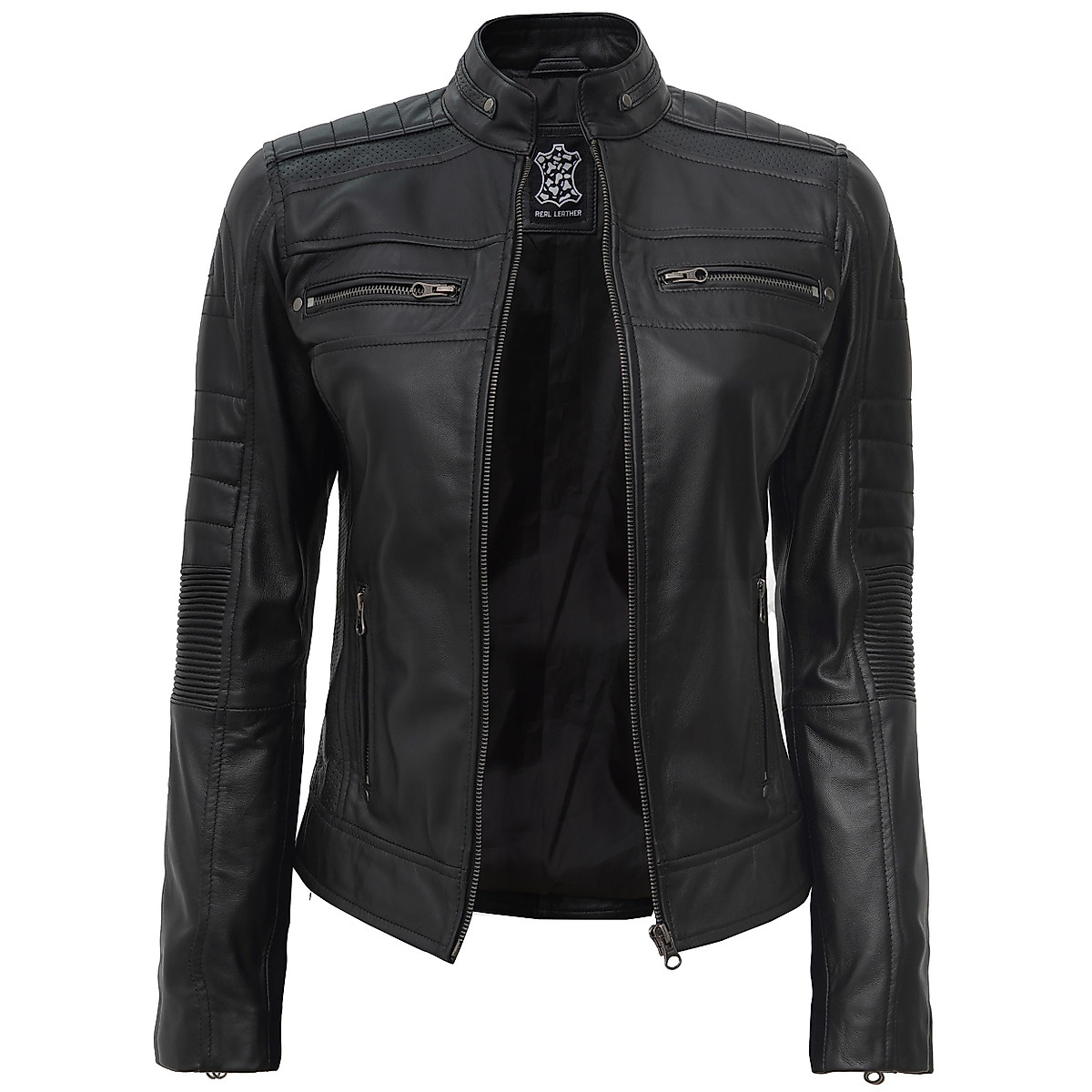 Decrum Woman Black Leather Jacket - Women's Leather & Faux Leather Jackets & Coats | [1313722] Black Cafe Racer, S