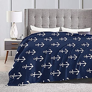 Navy Blue Nautical Anchor Pattern Flannel Fleece Throw Blankets for Bed Sofa Living Room Soft Blanket Warm Cozy Fluffy Throw Plush Blanket