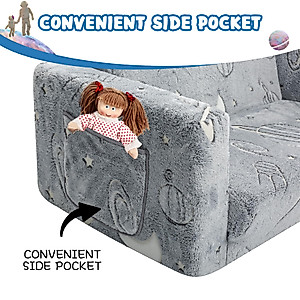 Kids Couch Extra Wider Seating Toddler Couch, 2-in-1 Toddler Soft Couch Fold Out Convertible Sofa to Lounger for Girls and Boys