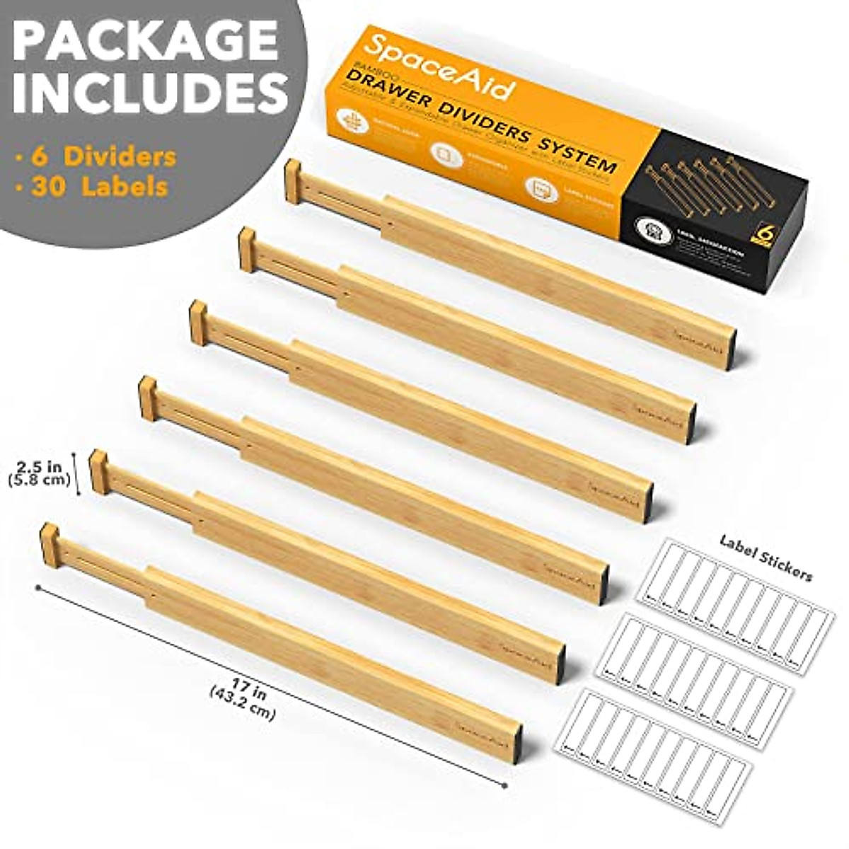 SpaceAid Bamboo Drawer Dividers with Labels, Kitchen Adjustable Drawer Organizers, Expandable Organization for Home, Office, Dressers and Bathroom, 6 Dividers (13.25-17 in)