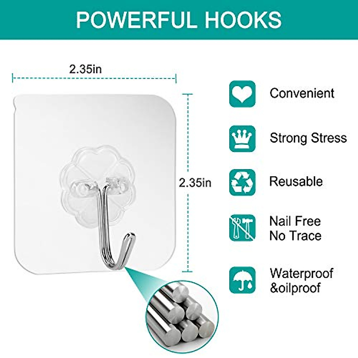 Hook 13ib (Max) Transparent Reusable No Trace Sticky Hook Magic Nano 513 Strong Sticky Hook, Waterproof, Rustproof 24 Pack