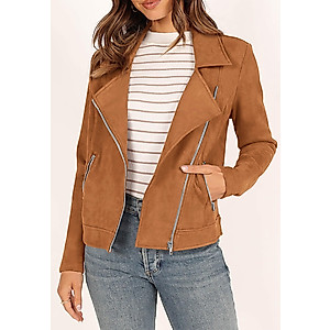 PRETTYGARDEN Womens Winter Faux Suede Motorcycle Jacket Long Sleeve Zipper Pockets Short Coat Y2K Fashion Dressy Outerwear (Brown,X-Large)