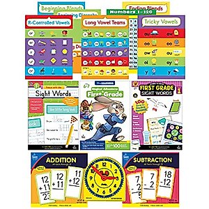 Carson Dellosa (CAS0P) First Grade Homeschool Kit for Kids – Elementary Math, Phonics, Sight Word Activities, Learn to Tell Time for Learn at Home (8pc) (145191)