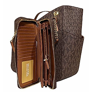 Michael Kors Jet Set Travel Large Chain Shoulder Tote Brown MK Signature Bundled with Michael Kors Jet Set Travel Continental Long Wallet Wristlet Brown