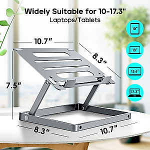 ROADOM Laptop Stand for Desk, Adjustable Ergonomic Laptop Riser, Foldable Portable Computer Stand for Laptop Tablet Portable Monitor (10-17.3''),Aluminum Alloy, Silver