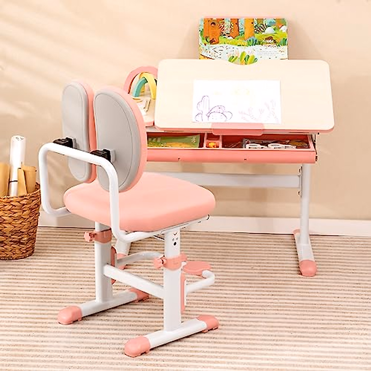 Costzon Kids Desk and Chair Set, Height-Adjustable Student Study Desk with Tiltable Desktop, Book Stand, Ergonomic Chair with Footrest, Writing Table & Chair Set for Boys Girls (Pink)