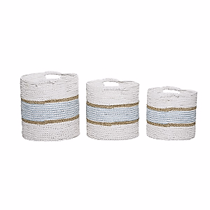 Deco 79 Wood Cylinder Storage Basket with Handles, Set of 3 16", 14", 13"H, White