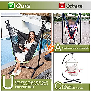 Hammock with Stand Phone Holder Included Double Hanging Chair Macrame Boho Handmade Adjustable Swing Indoor Outdoor Patio Yard Garden Porch 400lbs Capacity (2022 Grey)