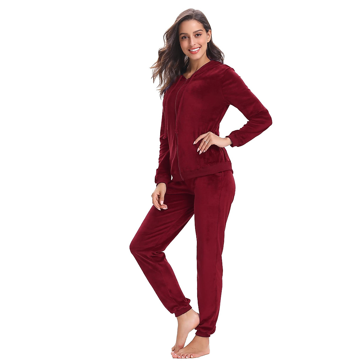 Cowasto Women's Velour Velvet Track Sets Two Pieces Full zip up Hoodied Coat Pants Outfit Suit TrackSuit, Wine Red, Medium