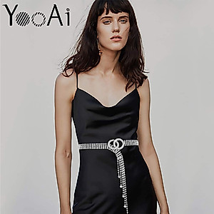 YooAi Crystal Waist Belt for Women Rhinestone Chain Belt O-Ring Waistband Belt for Dress Silver 105cm