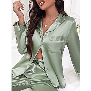 OYOANGLE Women's Satin Long Sleeve Pajama Set Button Down Silk Pj Set Sleepwear Lounge Set Mint Green XL