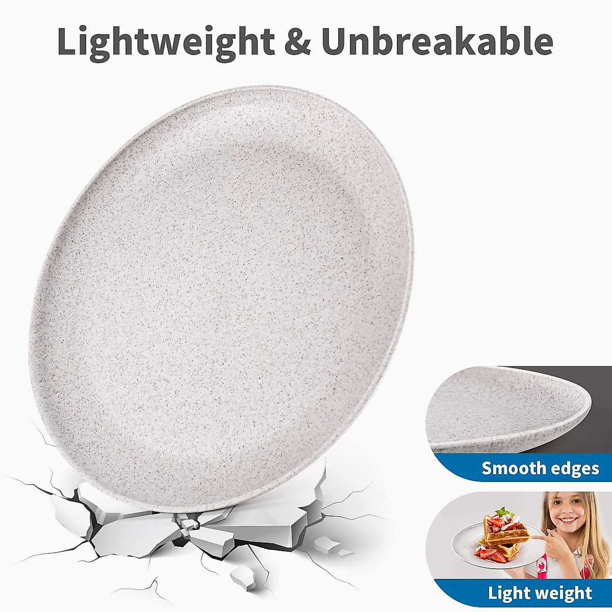 MISS BlG Dinner Plates,Plates,10 inches Plastic Plates Reusable Set of 8,for Children&Adult wheat straw dinnerware sets,No BPAs and No Chemical Dyes(Wheat White)