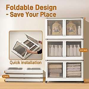 Fangtueh 90GAL Storage Bins with Lids, Stackable Storage Bins with Wheels, Collapsible Storage Bins with Doors, Large Plastic Storage Bins with Lid, Folding Storage Cabinet Container for Closet, White