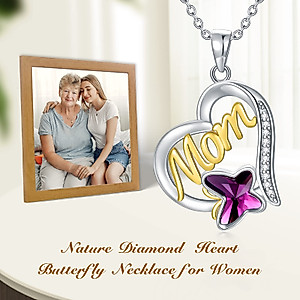 Natural Diamond Mom Heart Necklace for Women,925 Sterling Silver Butterfly Crystal Pendant Necklaces Birthday Gifts for Mom Wife 18"-20’’