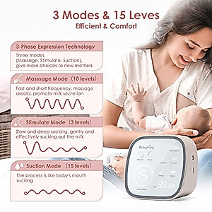 Breast Pump, BabyKing Electric Breast Pump with 3 Modes & 15 Levels, Pain Free Strong Suction Power Touch Panel High Definition Display, Ultra-Quiet Rechargeable for Travel & Home
