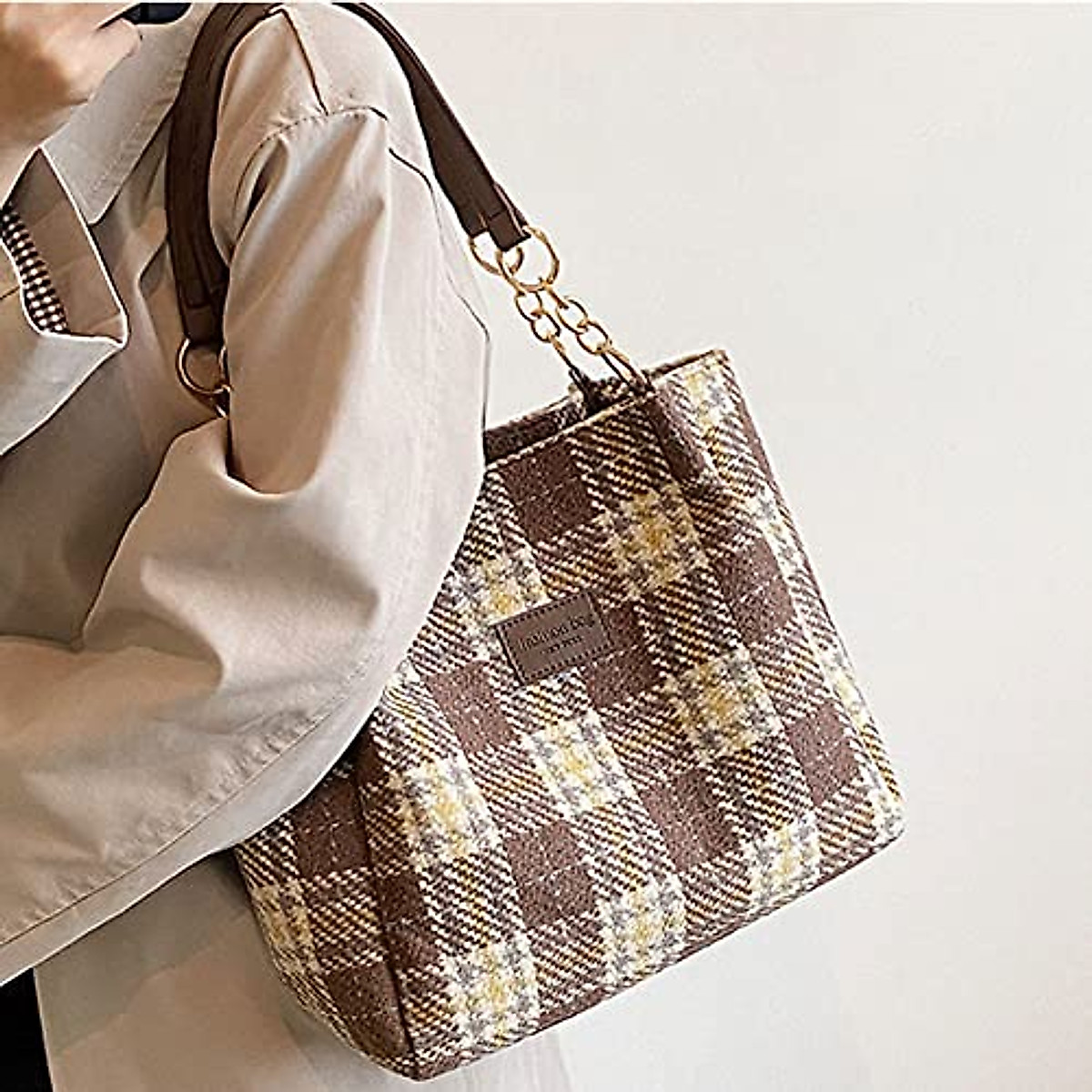 Fashion Shoulder Hobo Bags for Women Wool Tweed Tote Bags Plaid Pattern Bowknot Handbags and Purses Large Capacity (Tote)