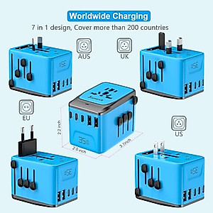 SAUNORCH Universal Travel Adapter, PD 35W 7 in 1 International Power Plug Adapter with 7.0A 4 USB-C and 2 USB-A Fast Wall Charger, Worldwide AC Outlet for US Europe UK AUS Asia - Blue