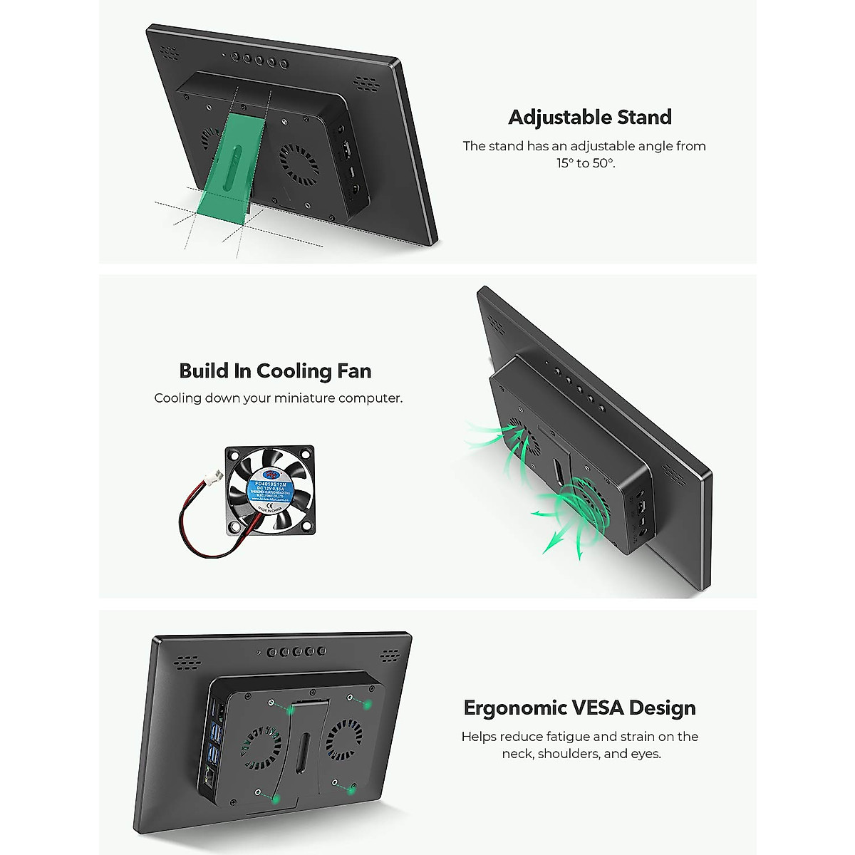 UPERFECT Raspi Touchscreen Monitor with Case & Fan & Stand 10.1’’ 1366 * 768 Ultra Wide 370Nits IPS Screen for Raspi 3/4/4b/5, w/10-Point Touch, VESA, Dual Speakers, Type-C & HDMI Ports