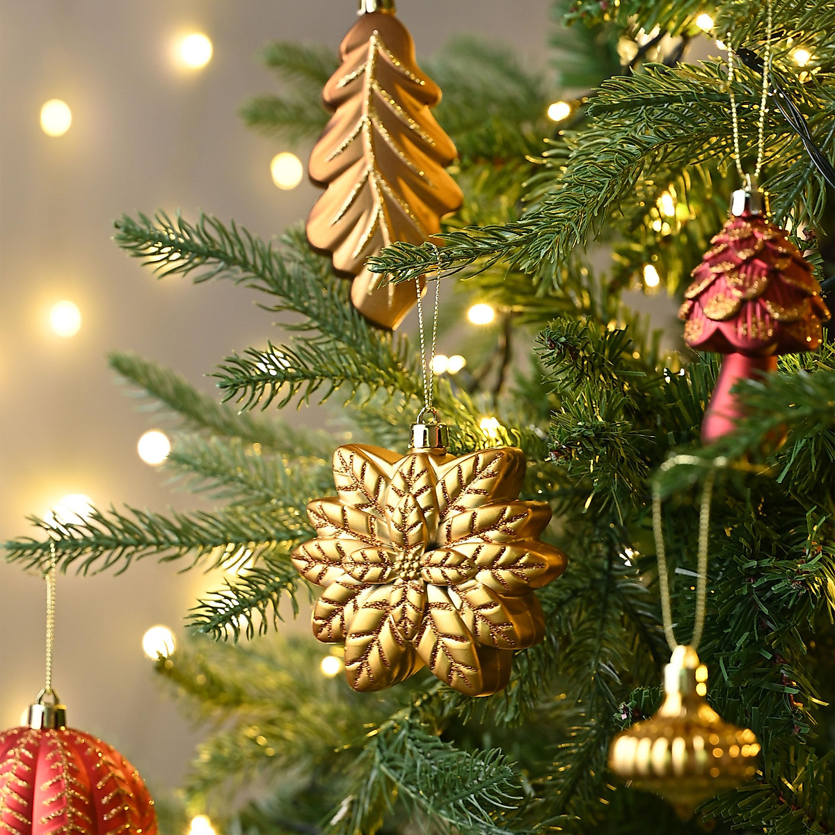 Valery Madelyn Christmas Tree Ornaments Set, 80ct Red and Brown Shatterproof Christmas Tree Decorations Bulk, Woodland Hanging Ball Ornaments for Xmas Trees Holiday Decor