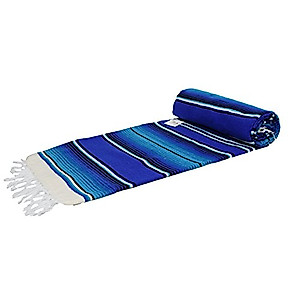 Authentic Mexican Serape Blanket - Multi-color Lightweight Handmade Mexican Saltillo Blanket / Classic Mexican Style Falsa, Stripe Pattern, Throw, Beach Blanket, Tapestry, or Yoga Blanket. Blue