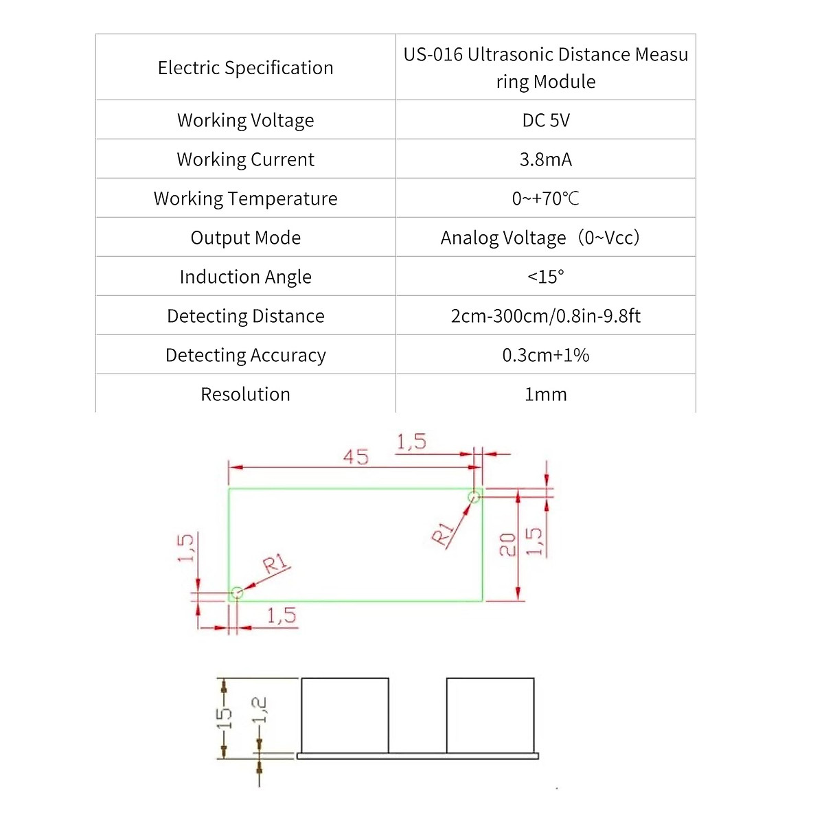 Ultrasonic Sensor, US-016 Analog Voltage Output High Exactness Ultrasonic Distance Rangefinder DC 5V 2cm-300cm