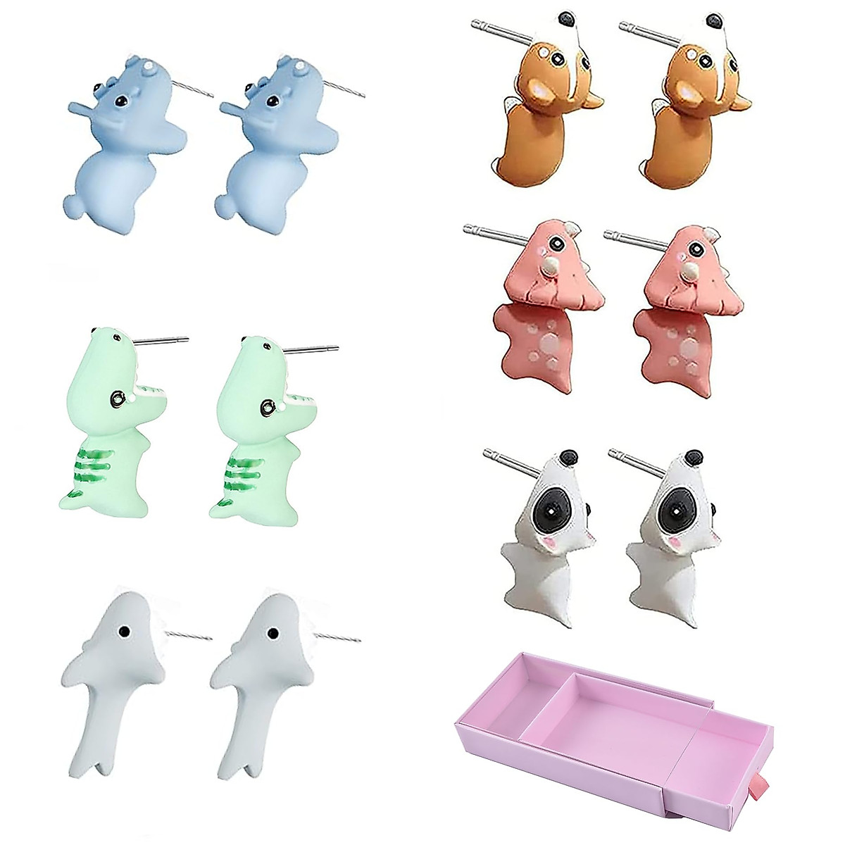 Cute Animal Bite Earring, 3D Cute Dinosaur Earrings for Women - Small and Exquisite for Easy Carrying and Collection,Fashion Simple Handmade Animal Stud Earrings. (6 PCS + Gift Box)
