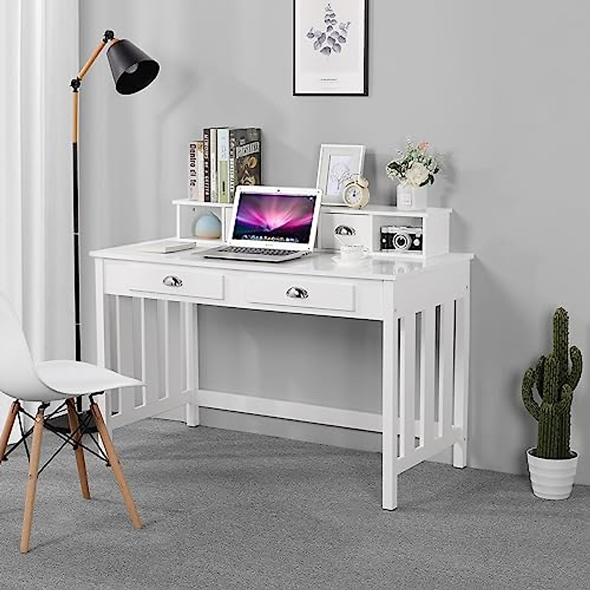 Yaheetech Writing Computer Desk Home Office Desk with Drawers and Hutch, 47 In Wood Frame Secretary Desk for Home Office with Large Desktop, Modern Workstation with Removable Floating Organizer, White