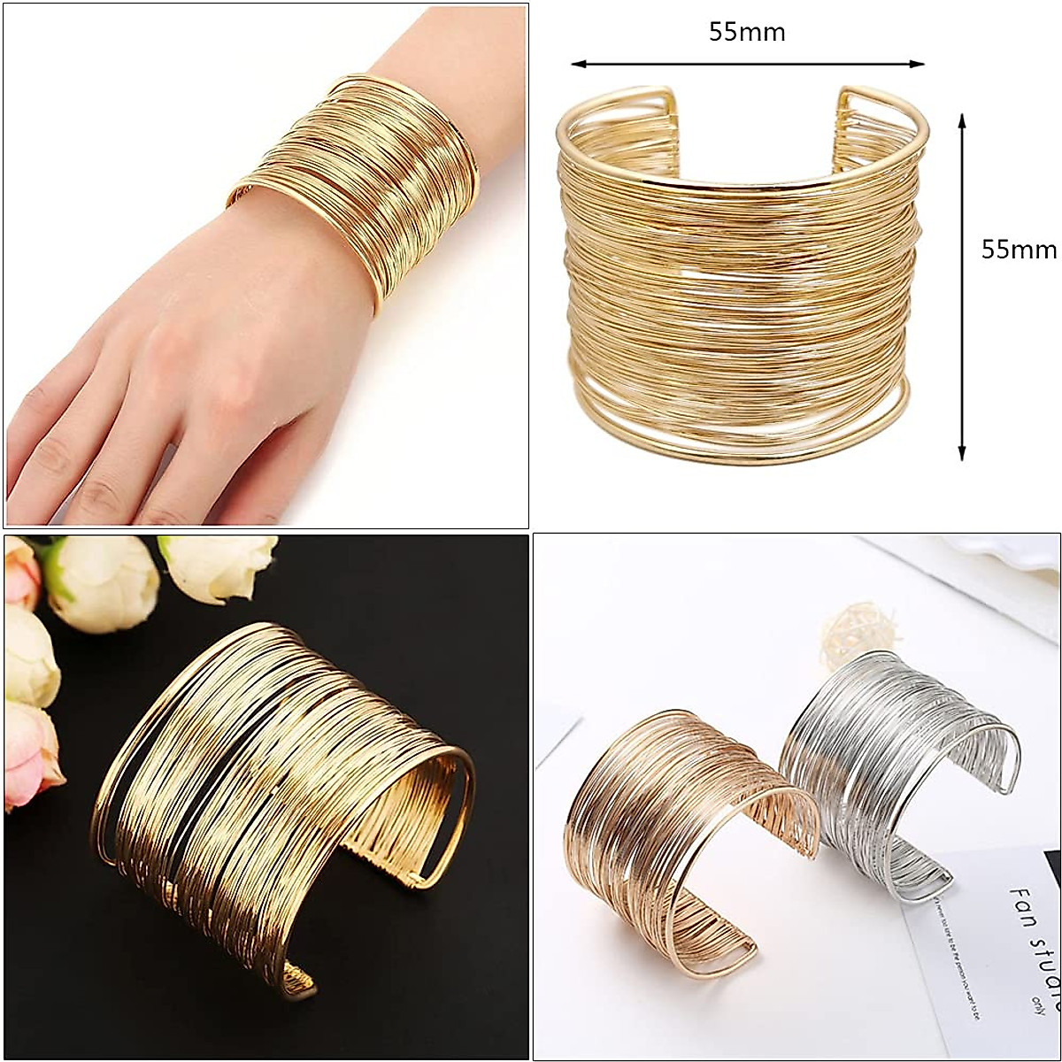 MOZAKA 6Pcs Wide Cuff Bangle Bracelet Set for Women Open Thin Thread Wire Smooth Grooved Armband Bracelets Adjustable Wrist Jewelry Set(Gold)