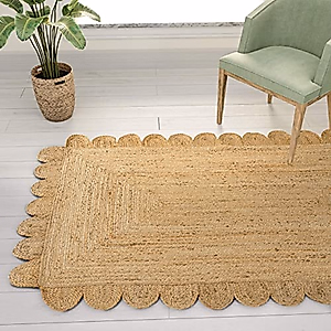 GRUHUM Scalloped Jute Area Rug 4&#039;x6&#039; ft Natural Fibre Rectangular Handwoven Boho Reversible Farmhouse Soft Braided Rustic Vintage Rug Indoor Outdoor Livingroom Bedroom Kitchen Hallways Enterways