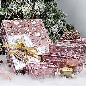 LeZakaa Christmas Wrapping Paper Mini Roll, Pink Metallic Foil Shine Paper - Snowflakes/Santa Claus/HO Print for Gift Wrap, Arts Crafts - 17 x 120 inches - 3 Rolls (42.5 sq.ft.ttl.)