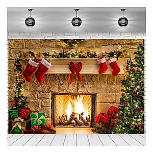 XLL Christmas Photography Backdrops Christmas Fireplace Decoration Background for Photo Happy Holiday Party Decoration Props 7x5FT(210CM X 150CM)