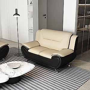 Container Furniture Direct Michael Modern Faux Leather Upholstered Stainless Steel Legs Living Room Loveseat, Camel/Black