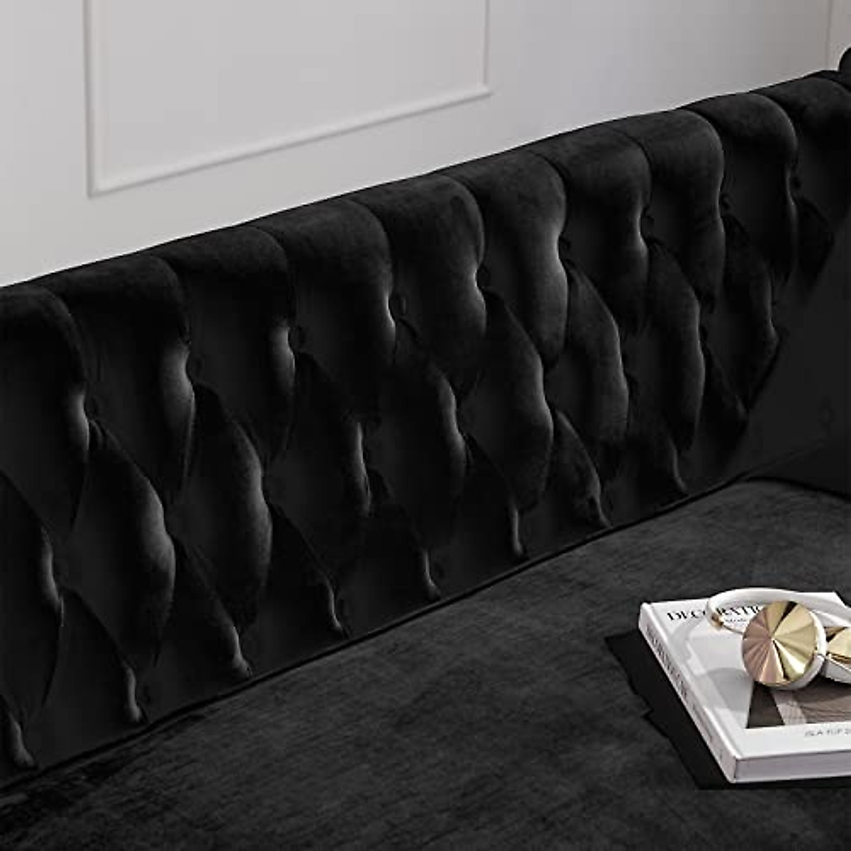 OUYESSIR Velvet Couch with Two Pillows and Gold Metal Feet, Modern Sofa for Living Room and Bedroom, 77 Inches, Black