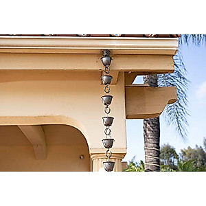 Monarch Rain Chains 50584 Aluminum Hammered Cup Rain Chain, 8-1/2 Feet Length Replacement Downspout for Gutters, 8.5', Pewter
