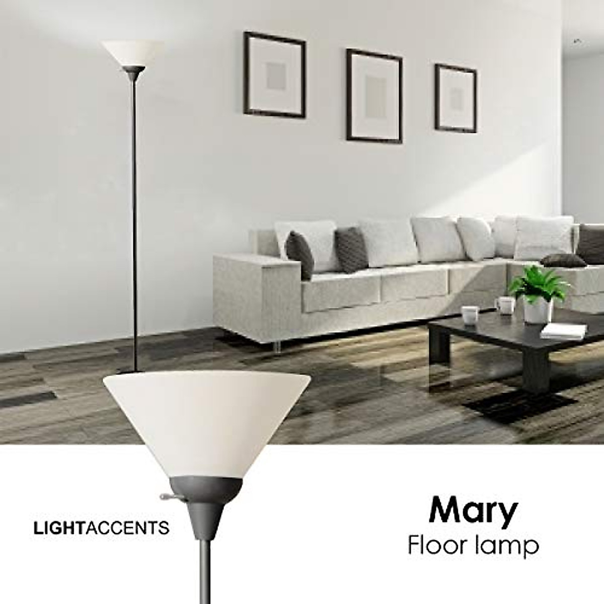 LIGHTACCENTS Black Metal Floor Lamp with Opal White Cone Shade. Model 6113-21 Standing Pole Torch Floor Lamp Torchiere Super Bright Floor Lamp (Black Finish)