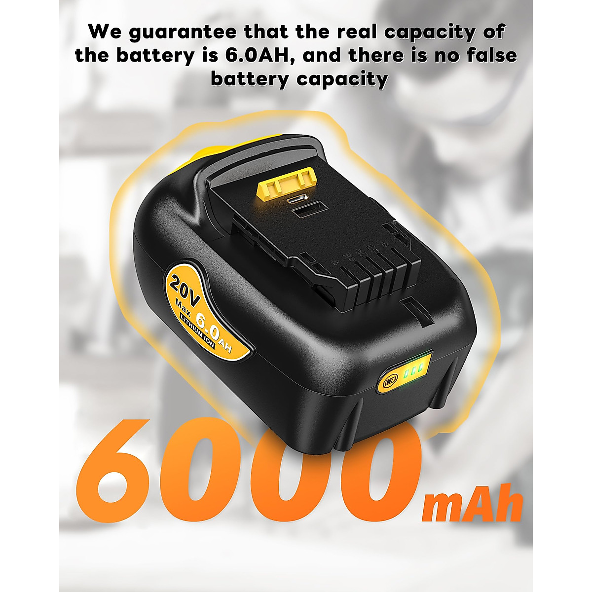 Genuine Capacity 2 Pack 6Ah 20V Max Battery Replacement for Dewalt 20V Battery with USB and USB-C Charging Port, True Capacity Lithium ion Battery Compatible with All 20V Dewalt Cordless Tools