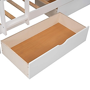 GLORHOME Twin-Over-Twin Triple Bed Wooden L-Shaped Bunk Bed with Ladders and 2 Storage Drawers, Space Saving Bedroom Furniture for Kids Teens