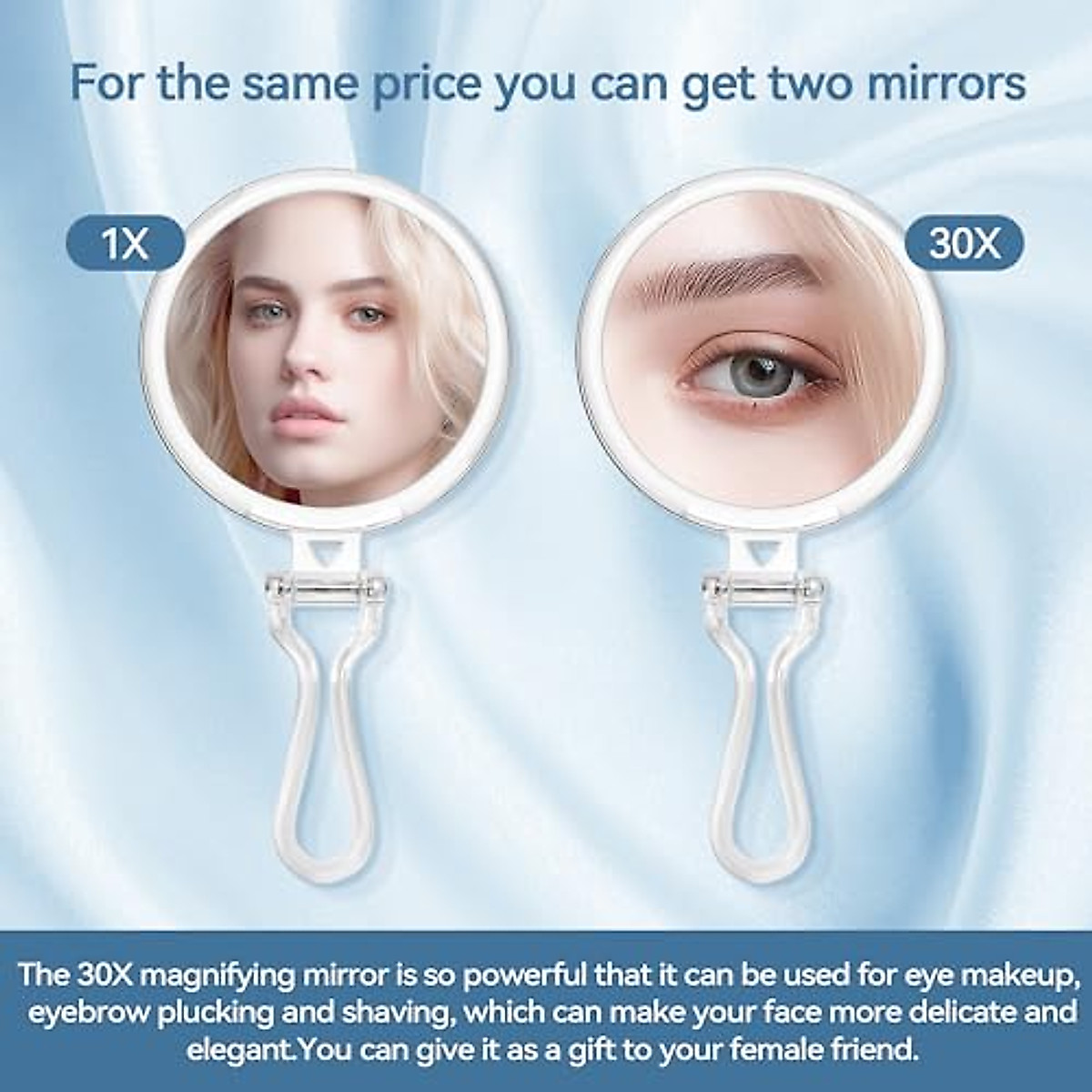 B Beauty Planet Magnifying Mirror, 30X Hand Mirror with Handle for Travel Magnifying Mirror, Handheld Magnifying Mirror with Double Side 30X/1X Magnification, 30X Handheld Mirror for Eyes Makeup 5 in