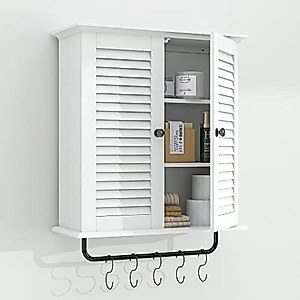 TaoHFE Bathroom Cabinet Wall Mounted White Designer Bathroom Wall Cabinet Medicine Cabinet with Double Shutter Doors 3 Tier Adjustable Shelf with Towel Rack Over The Toilet Storage Cabinet Laundry