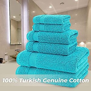 2 Washcloths, 2 Hand Towels, 2 Bath Towels, Soft & Absorbent 600 GSM Premium Hotel & Spa Quality 6 Piece Genuine Turkish Cotton Bathroom Towel Set, Aqua Blue (6 Piece Turkish Towel Set, Aqua Blue)