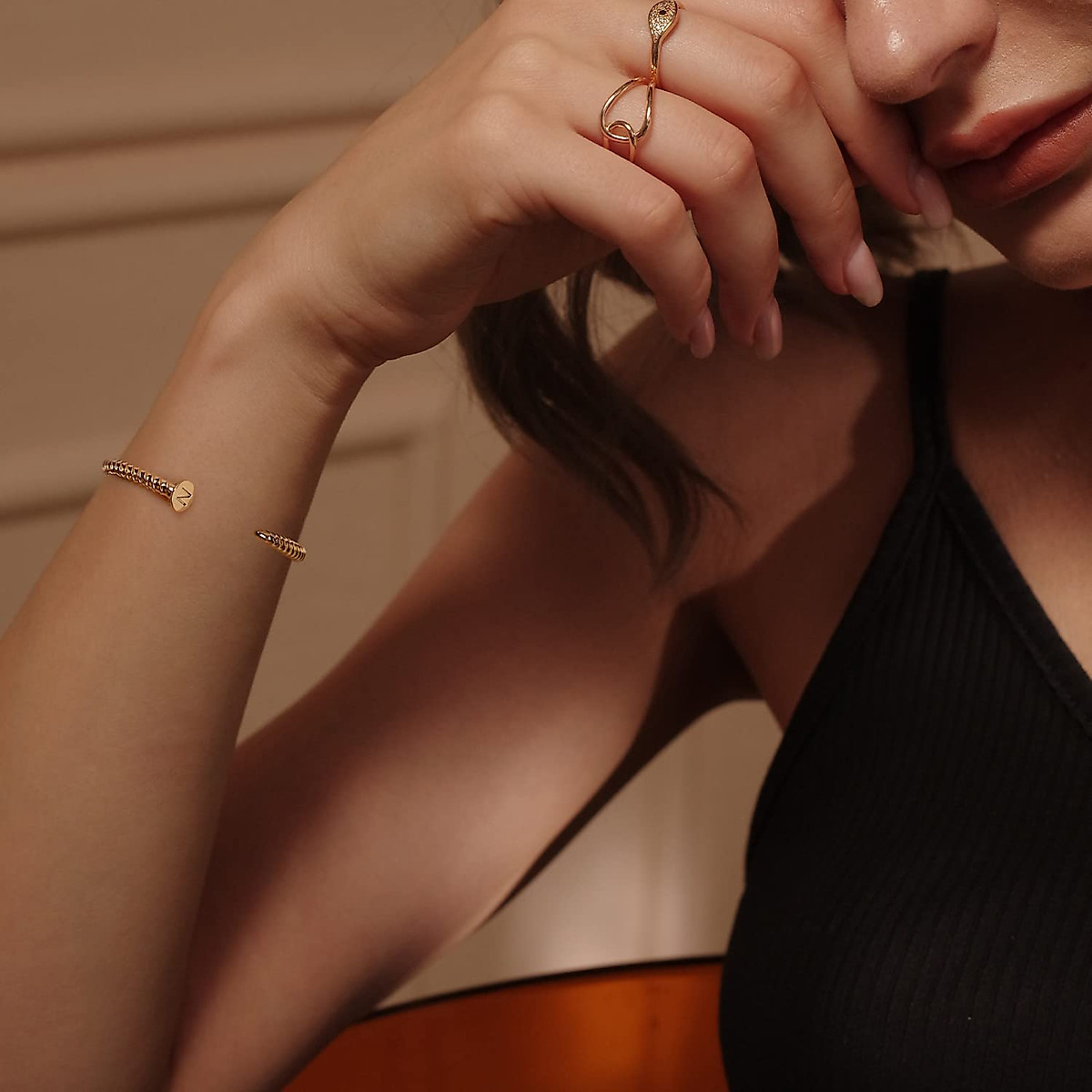 MEVECCO Gold Initial Nail Cuff Bracelets 18K Gold Plated Handmade Cute Cuff Bangle Dainty Letters Bracelets for Women Jewelry Gift(A)