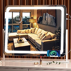 Hasipu Vanity Mirror with Lights, 24.2" x 18.9" LED Makeup Mirror, Light up Mirror with 10X Magnification and USB Charging Port, Phone Holder, Smart Touch 3 Colors Dimmable, 360° Rotation (White)