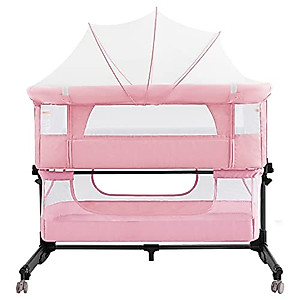 nordmiex 3 in 1 Baby Crib Bedside Crib,Baby Bassinet with Breathable Net,Adjustable Portable Bed for Infant/Baby,Pink, 10.0 kilograms