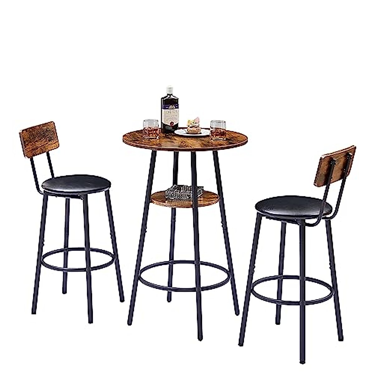 Tensun Bistro Table and Chairs Set of 2, Pub High Top Round Table and Chairs Set with Upholstered Cushion, Storage Shelf and Backrest, 3-Piece Bar Stool Set for Breakfast Nook, Rustic Brown