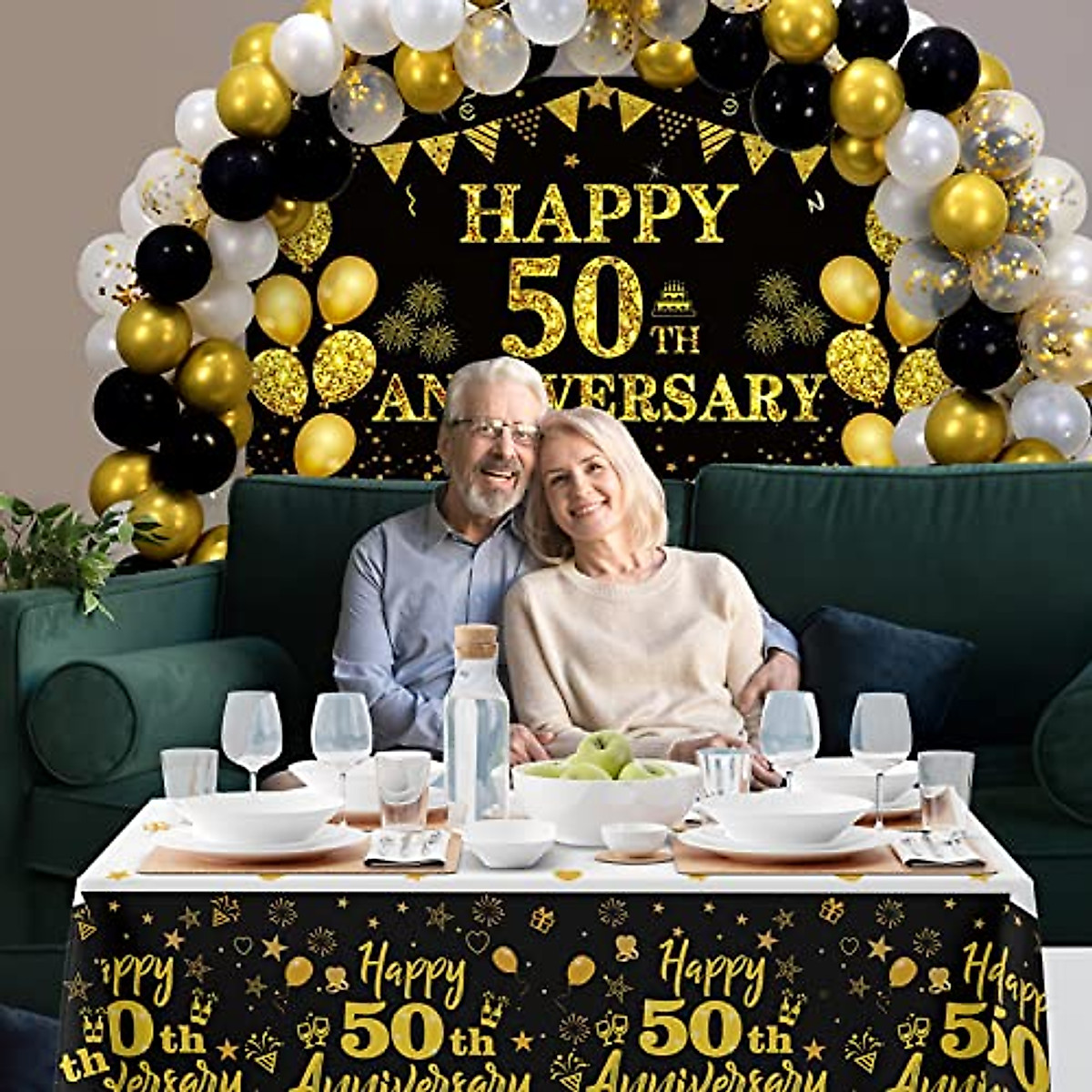 DARUNAXY 50th Wedding Anniversary Decorations, Large Happy 50th Anniversary Banner 70 x 43inch, 50PCS Black Gold Confetti Balloons, 2PCS Tablecloths for Cheer to 50 Year Party Supplies for Men Women